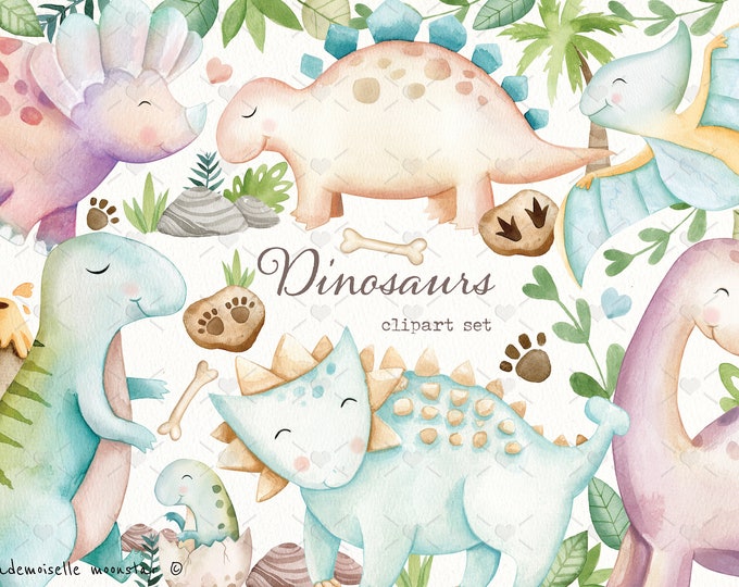 Dinosaurs Watercolor Clipart, FREE COMMERCIAL Use, Cute Dinosaurs, Dino ...