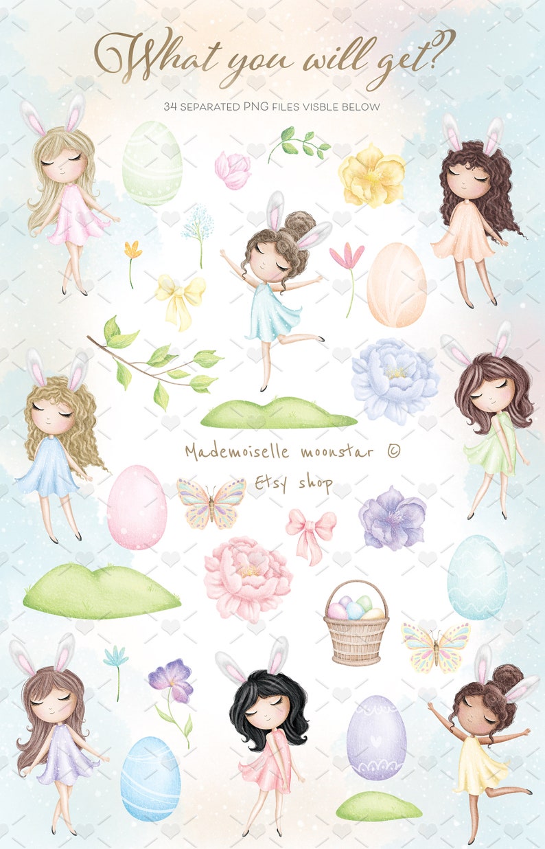 Easter Bunny Girls Clipart Set. Spring Clipart. PNG Files - Etsy