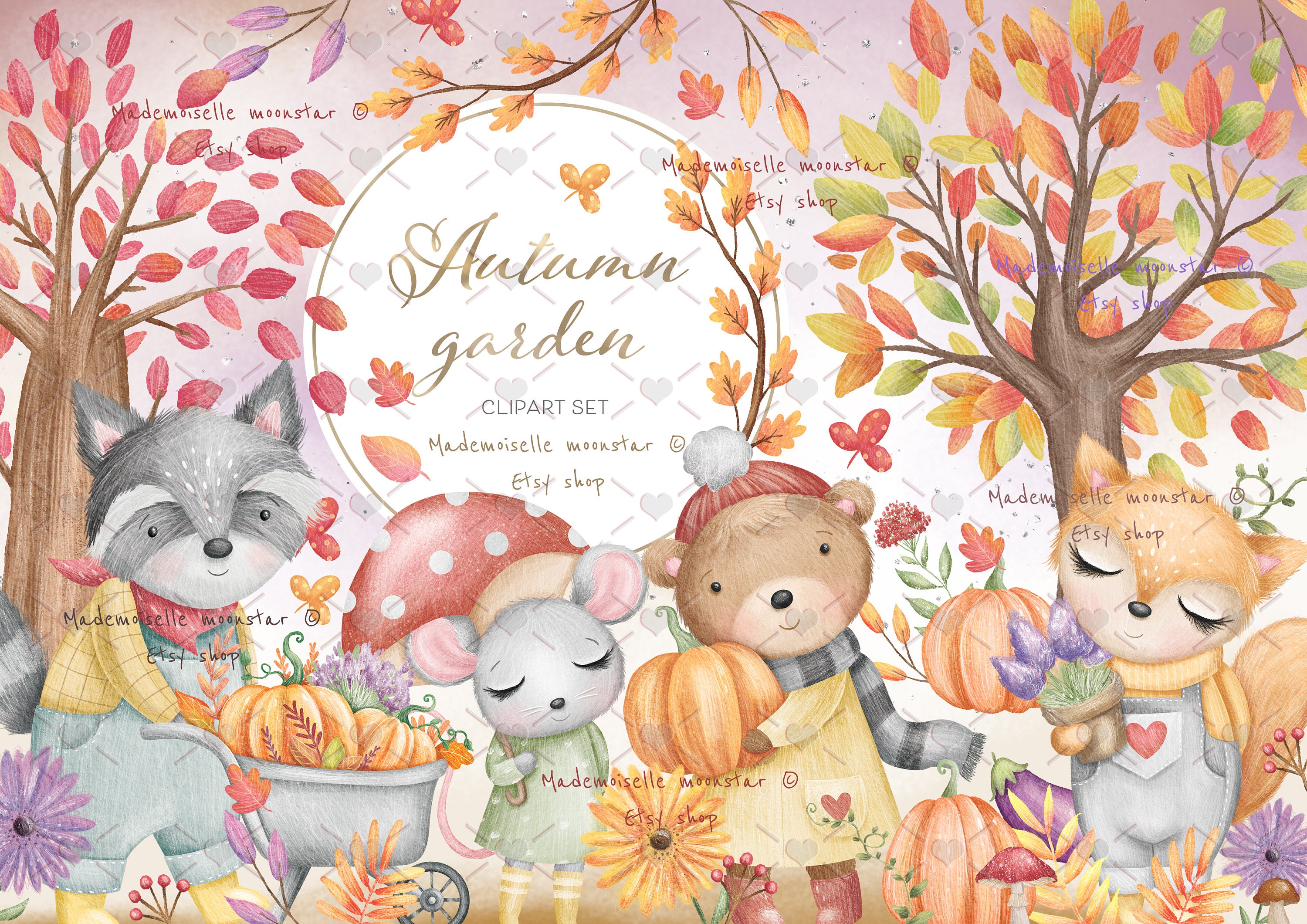 Cute Autumn Garden Clipart Set. Woodland Forest Animals. Fall Clipart ...