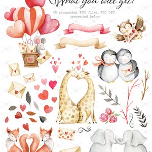 Watercolor Valentine's Day Clipart, Love Clipart Set, Woodland Animals ...