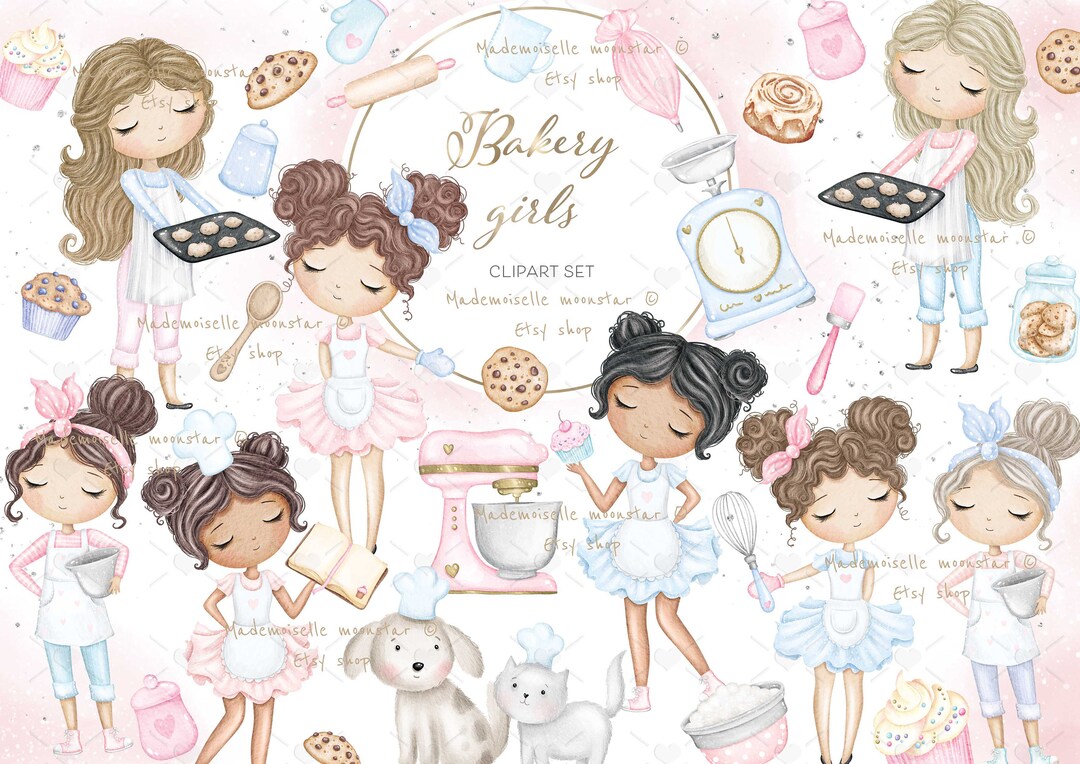 Baker Girls Clipart Set. Bakery, Sweets, Cookies, Kitchen PNG ...