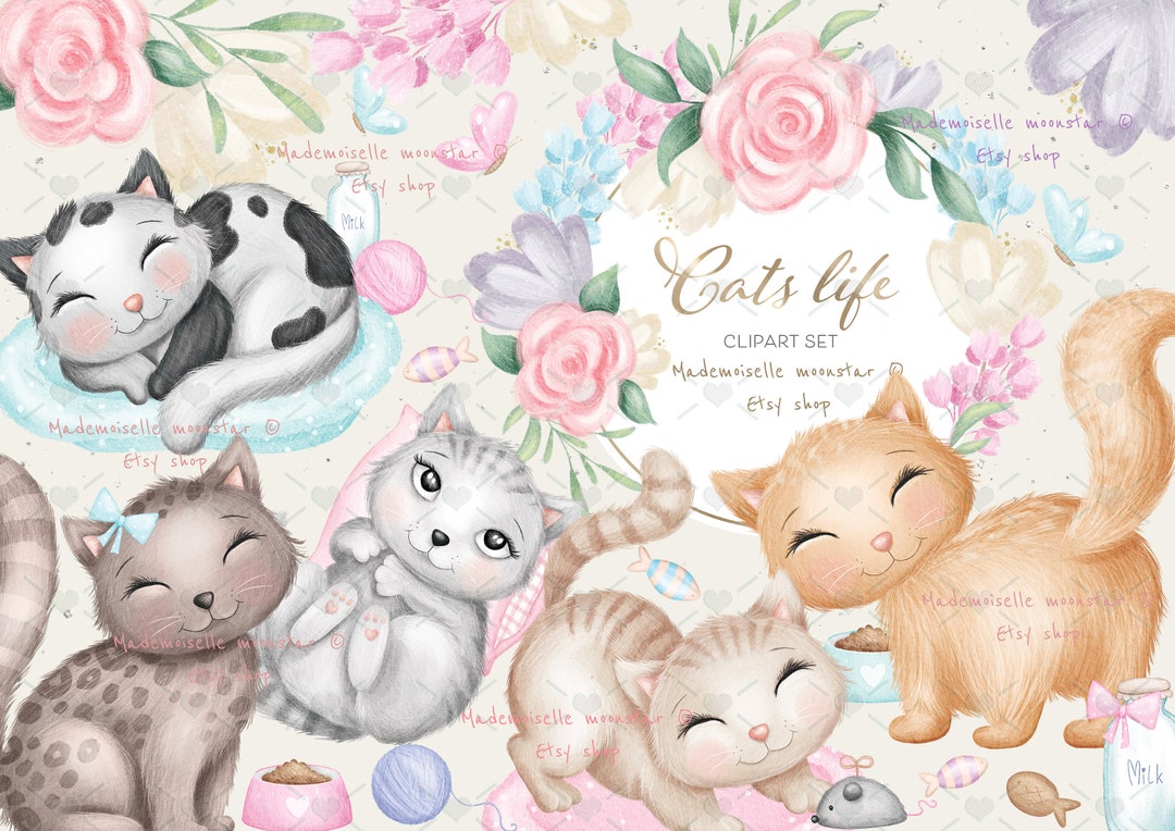Cute Cats Clipart Set. Kittens, Kitty Digital Clipart. Watercolor Cute ...