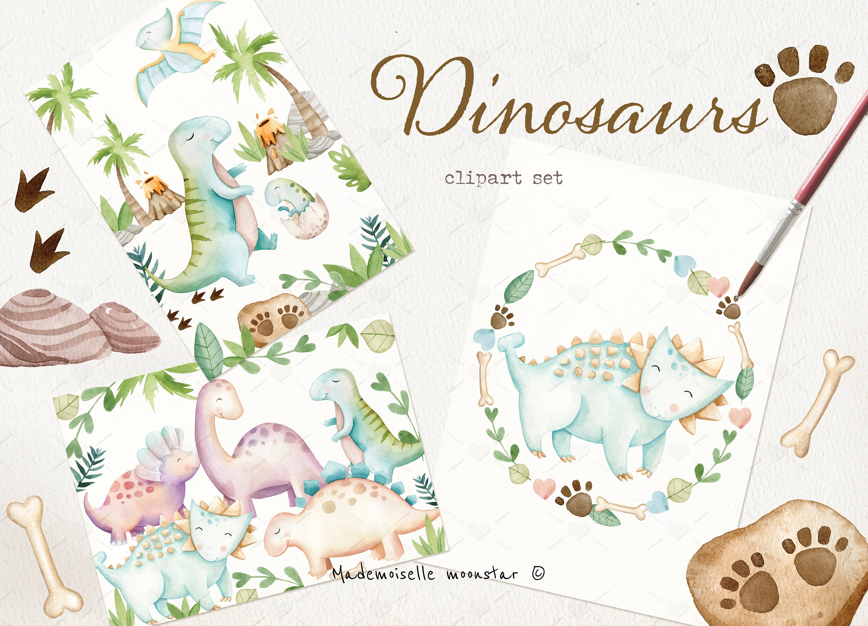 Watercolor Dinosaur Clipart Cute Baby Dinosaurs Dinosaur - Etsy