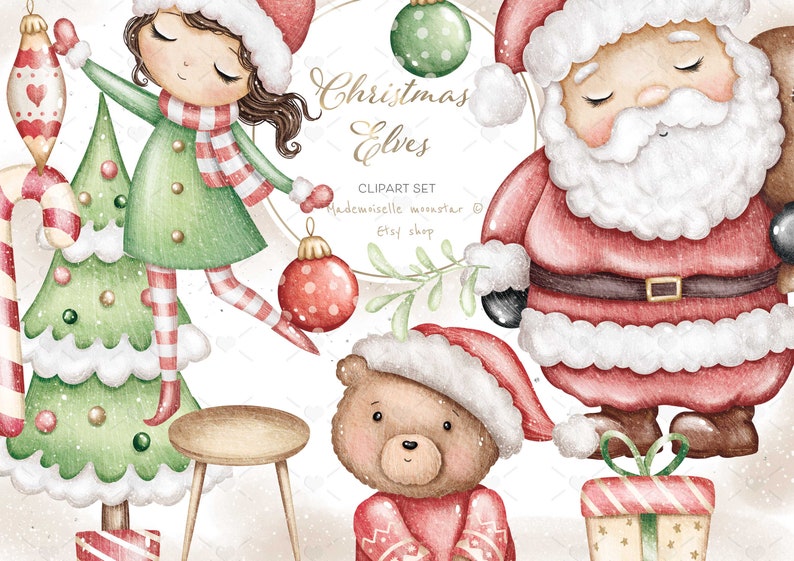 Christmas Elves and Santa Clipart Set. Reindeer, Mouse, Cat, Teddybear ...