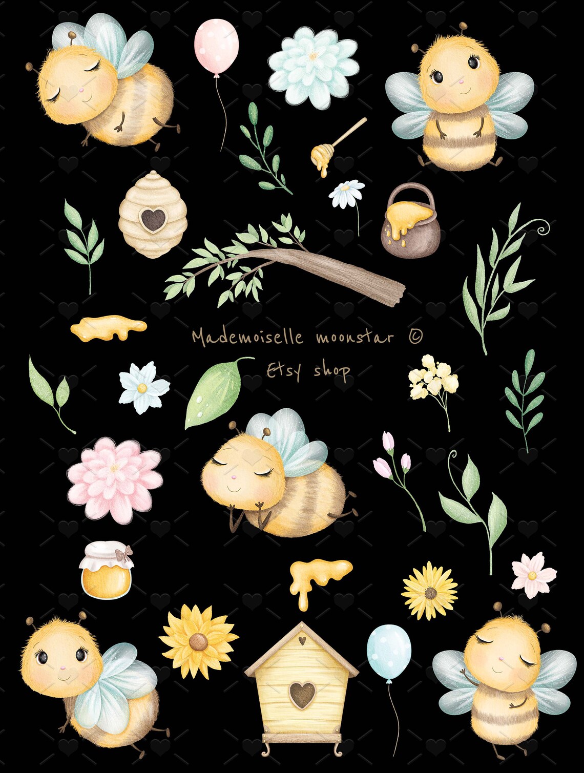 Bee and Honey Clipart Set. Cute Baby Bee Honey Flowers 300 - Etsy