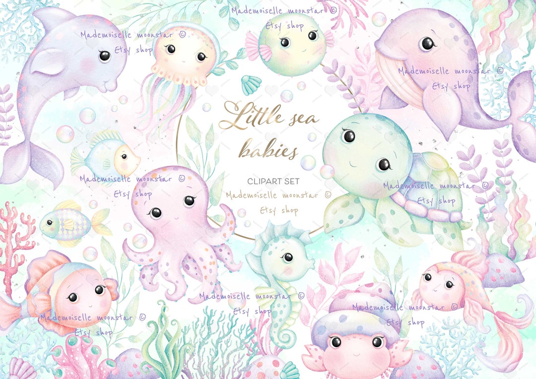 Little Rainbow Sea Babies. Cute Sea Animals Clipart Set. Underwater ...