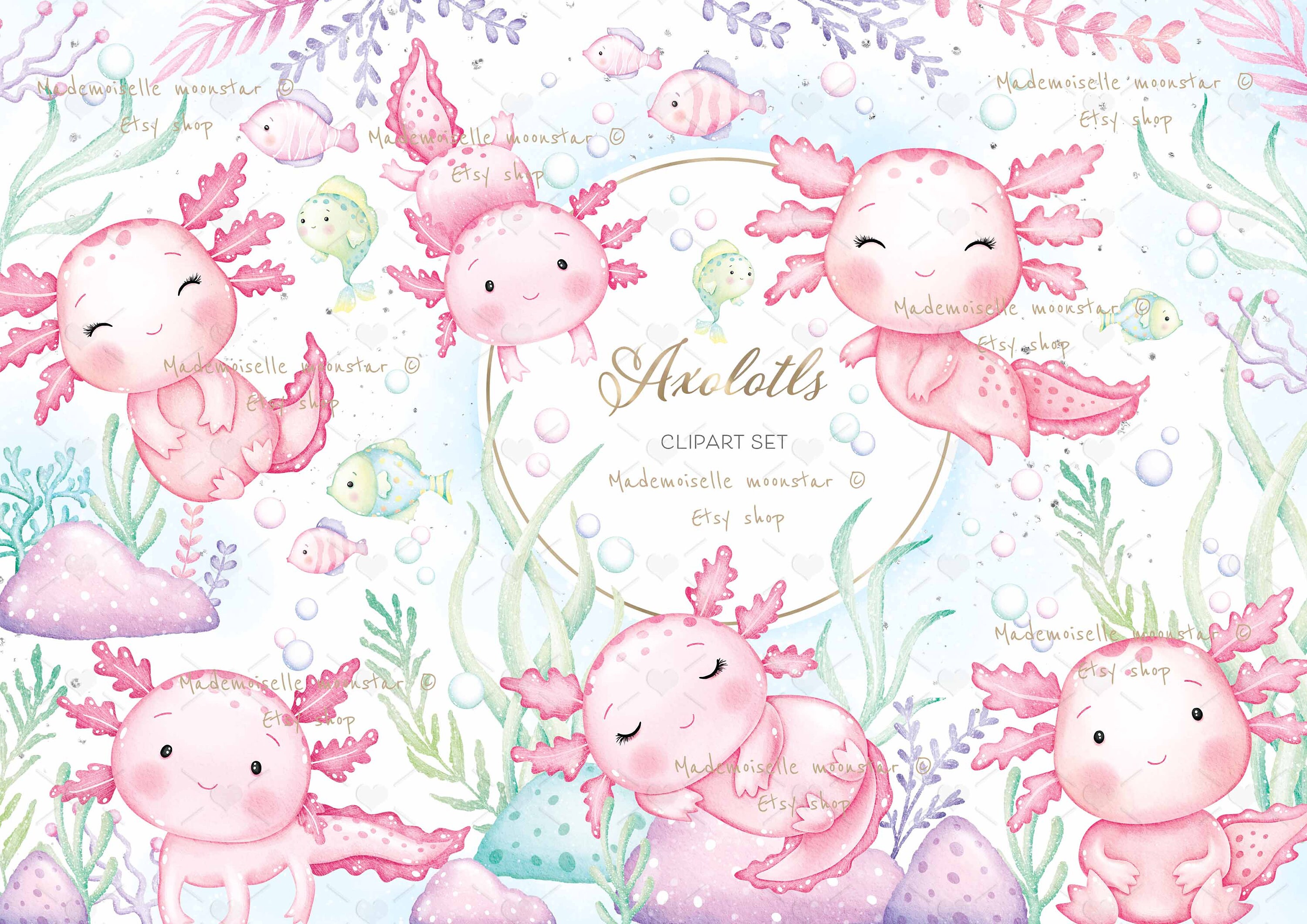 Cute Axolotl Clipart Set. Watercolor Cute Water Animal. Fishes. 300 DPI ...