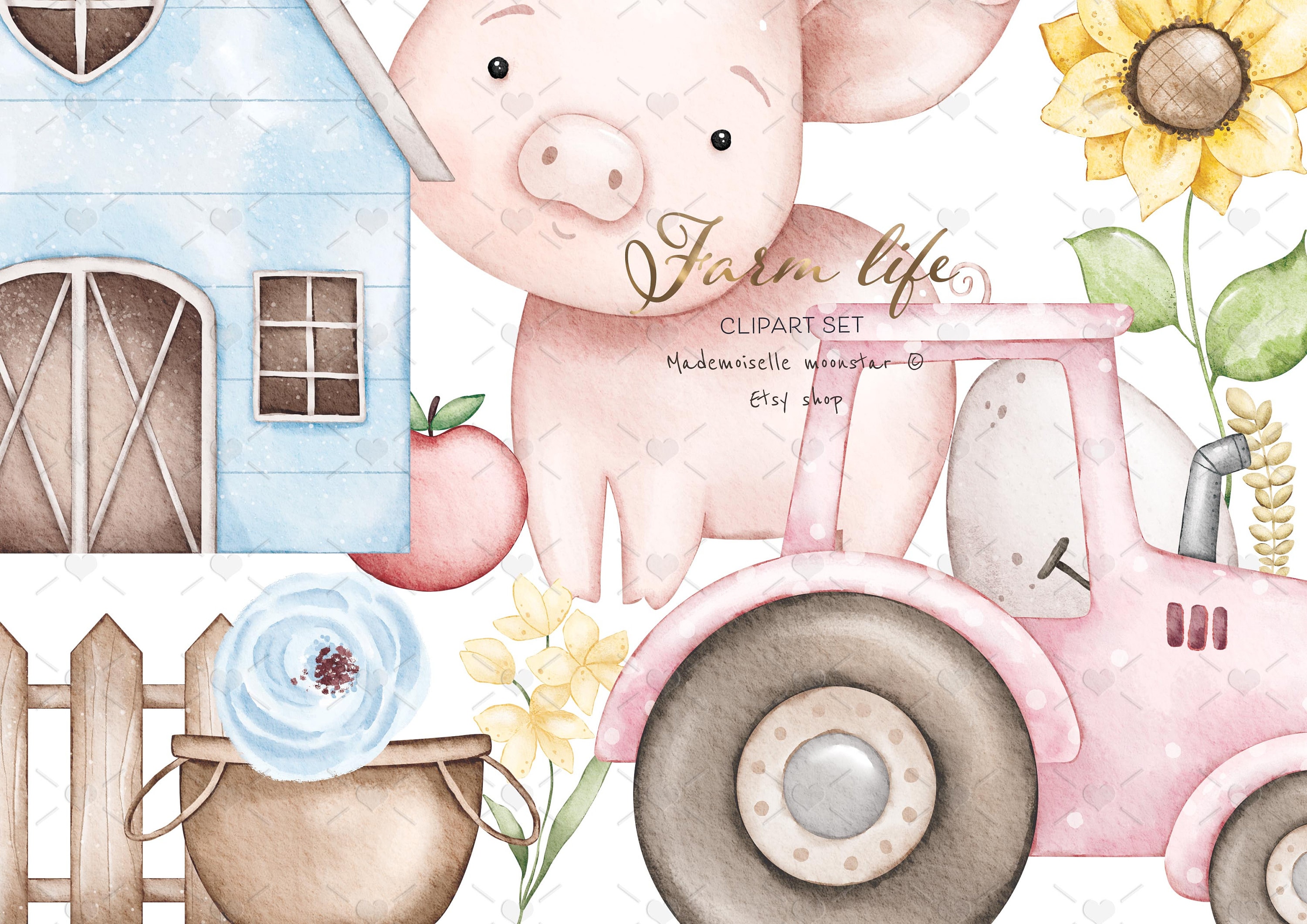 Cute Farm Animals Clipart Set. Pig, Cow, Dog , Cat, Sheep, Horse PNG ...