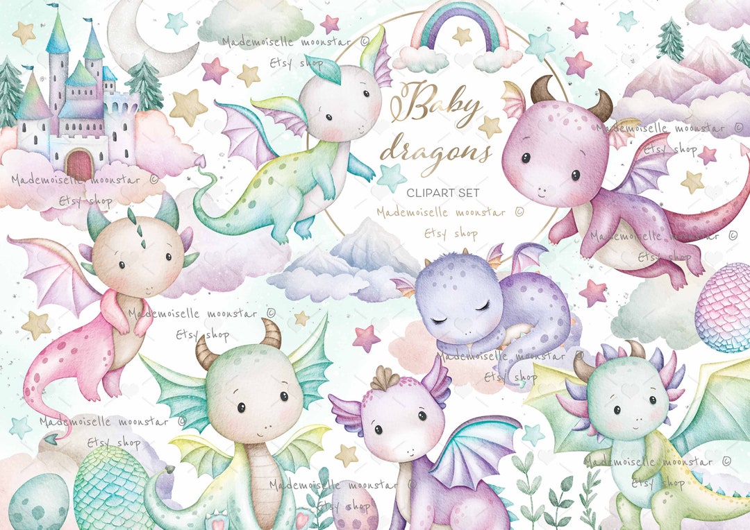 Cute Rainbow Baby Dragons Clipart Set. Watercolor Dragons, 300 DPI PNG ...
