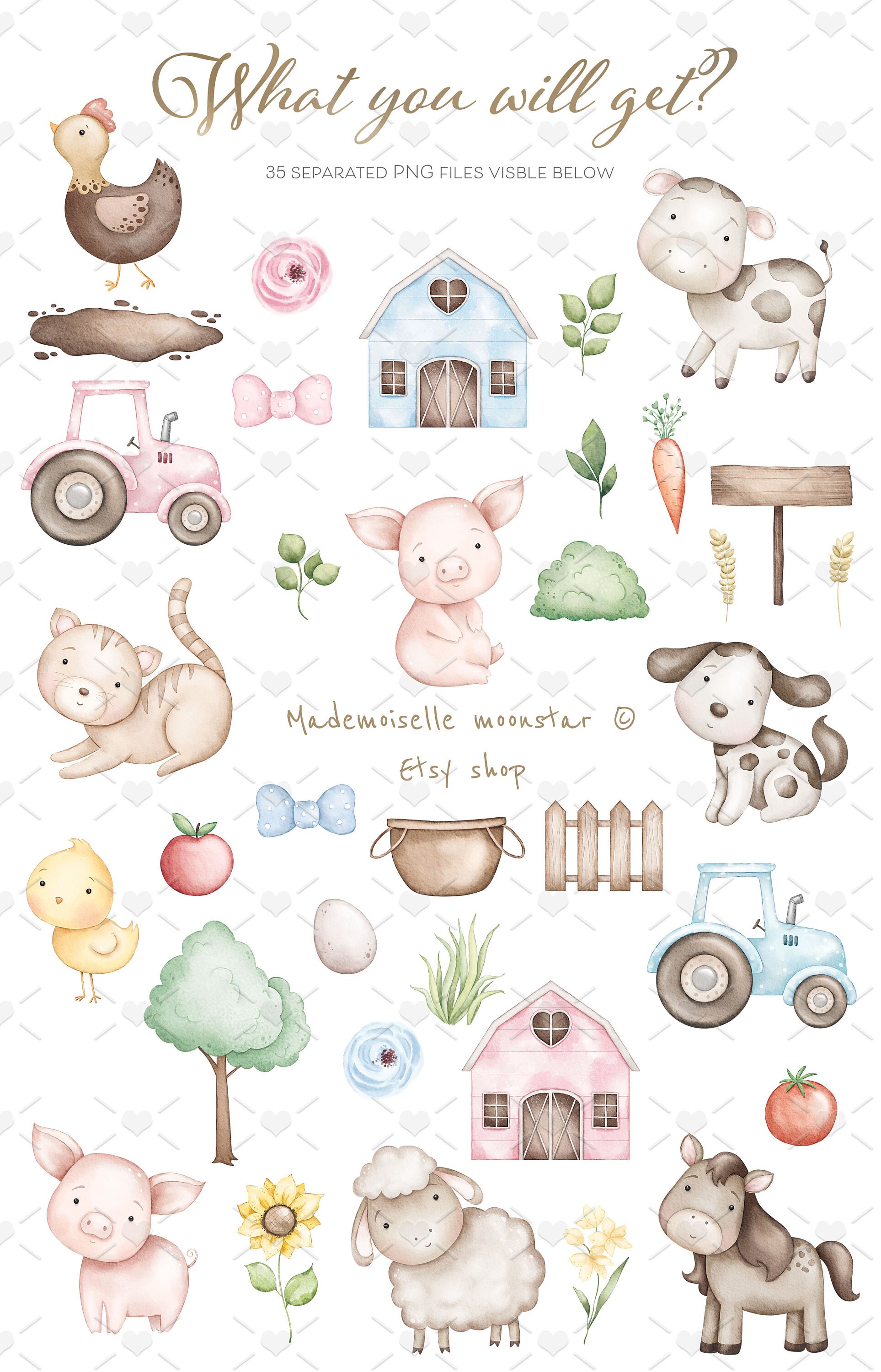 Cute Farm Animals Clipart Set. Pig, Cow, Dog , Cat, Sheep, Horse PNG ...
