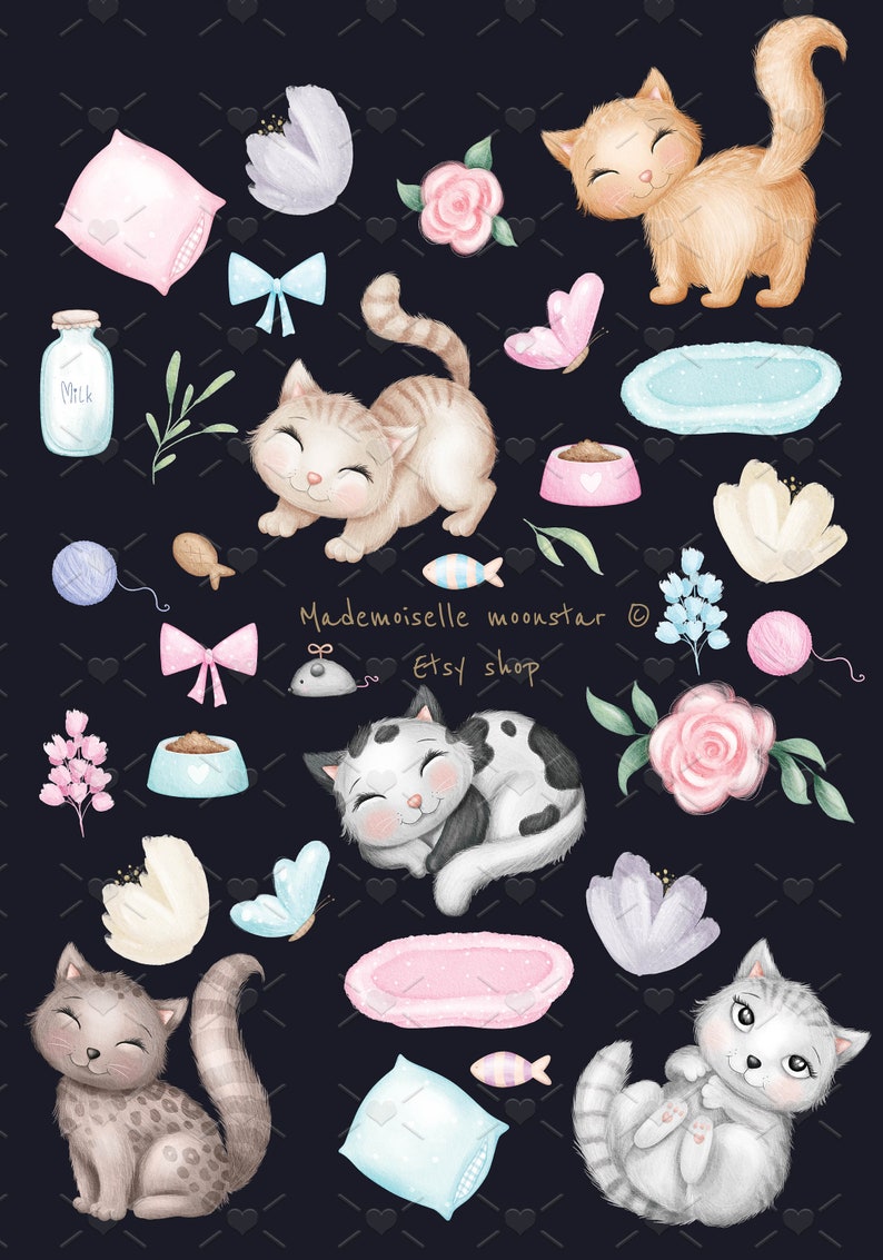 Cute Cats Clipart Set. Kittens, Kitty Digital Clipart. Watercolor Cute ...