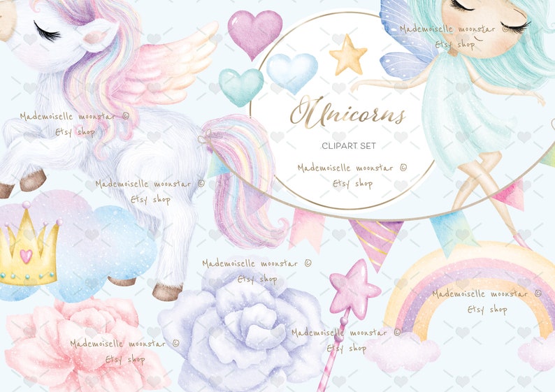 Unicorns and Fairies Clipart Set. Rainbow, Pony, Princess Fairy ...