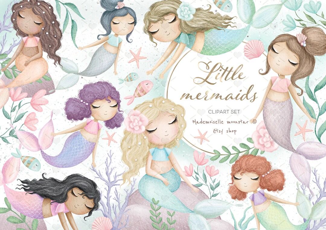 Cute Little Mermaids Clipart Set. Sea Girls, Underwater Clipart. Sea ...