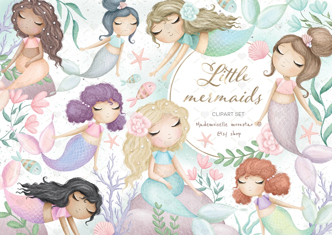 Cute Little Mermaids Clipart Set. Sea Girls Underwater - Etsy