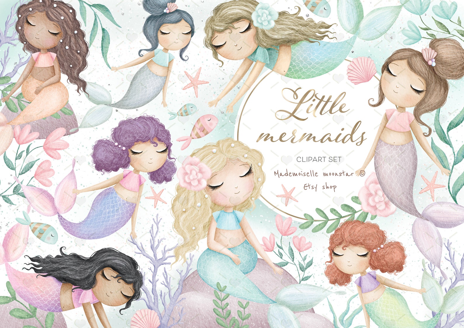 Cute Little Mermaids Clipart Set. Sea Girls Underwater - Etsy
