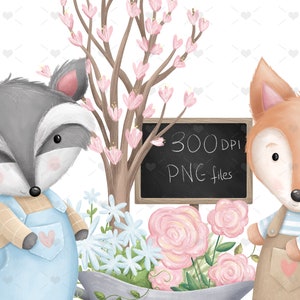 Woodland Spring Garden Clipart Set. Fox, Racoon, Bear, Skunk, Flowers ...