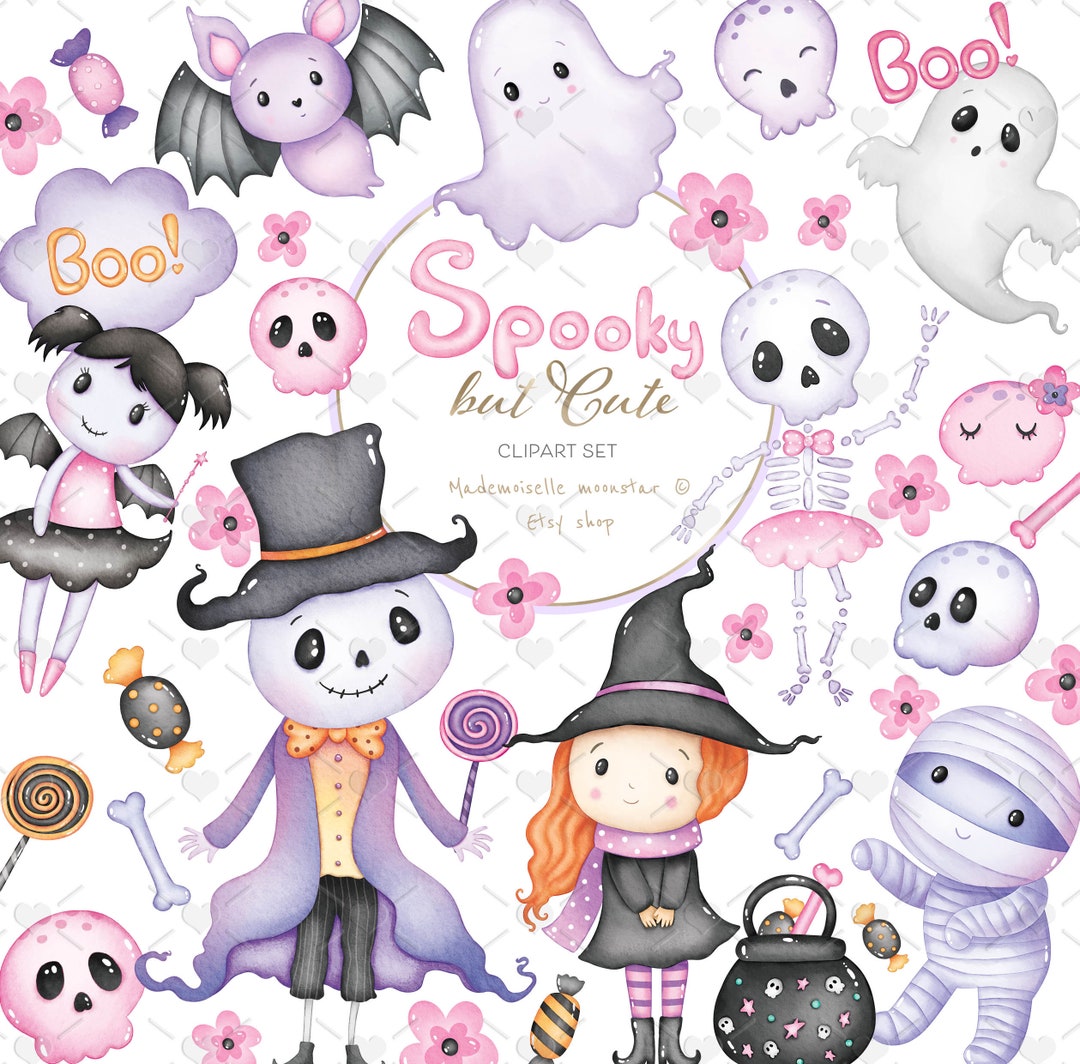 Spooky but Cute Halloween Clipart Set. Witch, Ghost, Skeleton, Monster ...