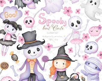 Spooky but Cute Halloween Clipart Set. Witch, Ghost, Skeleton, Monster ...
