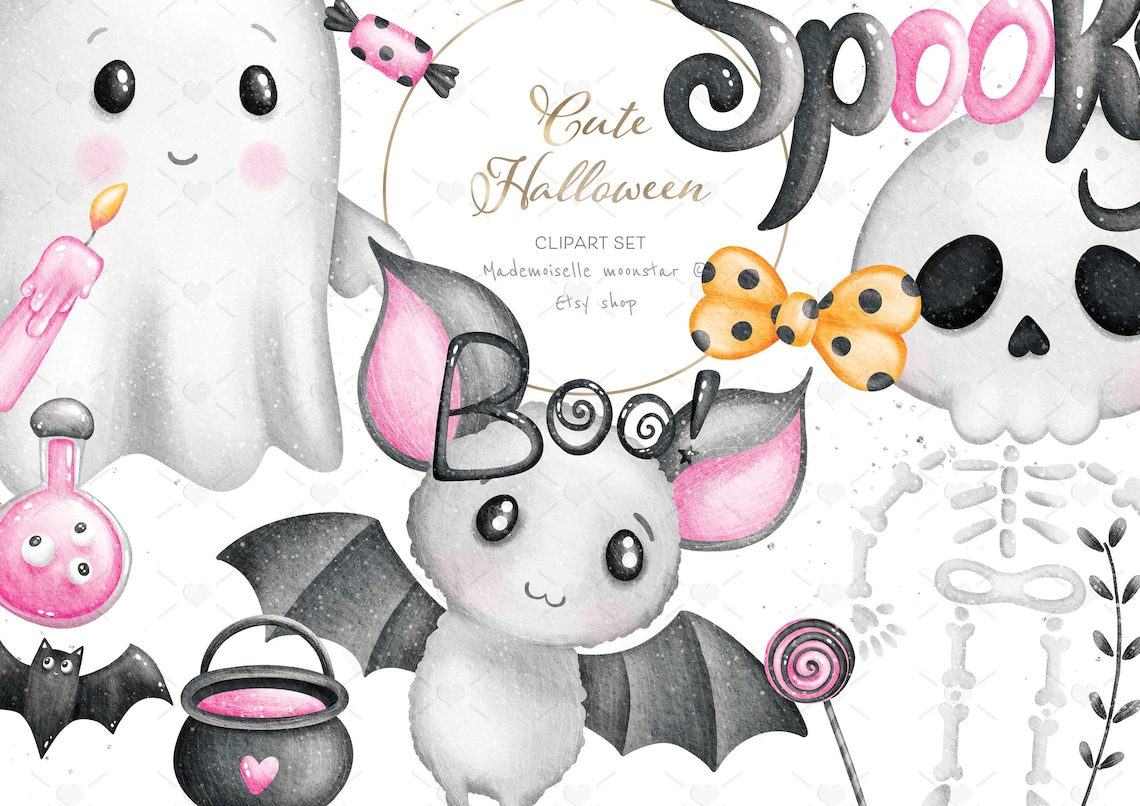 Cute, Pink Halloween Clipart. Ghost, Witch, Monster, Sceleton, Black ...