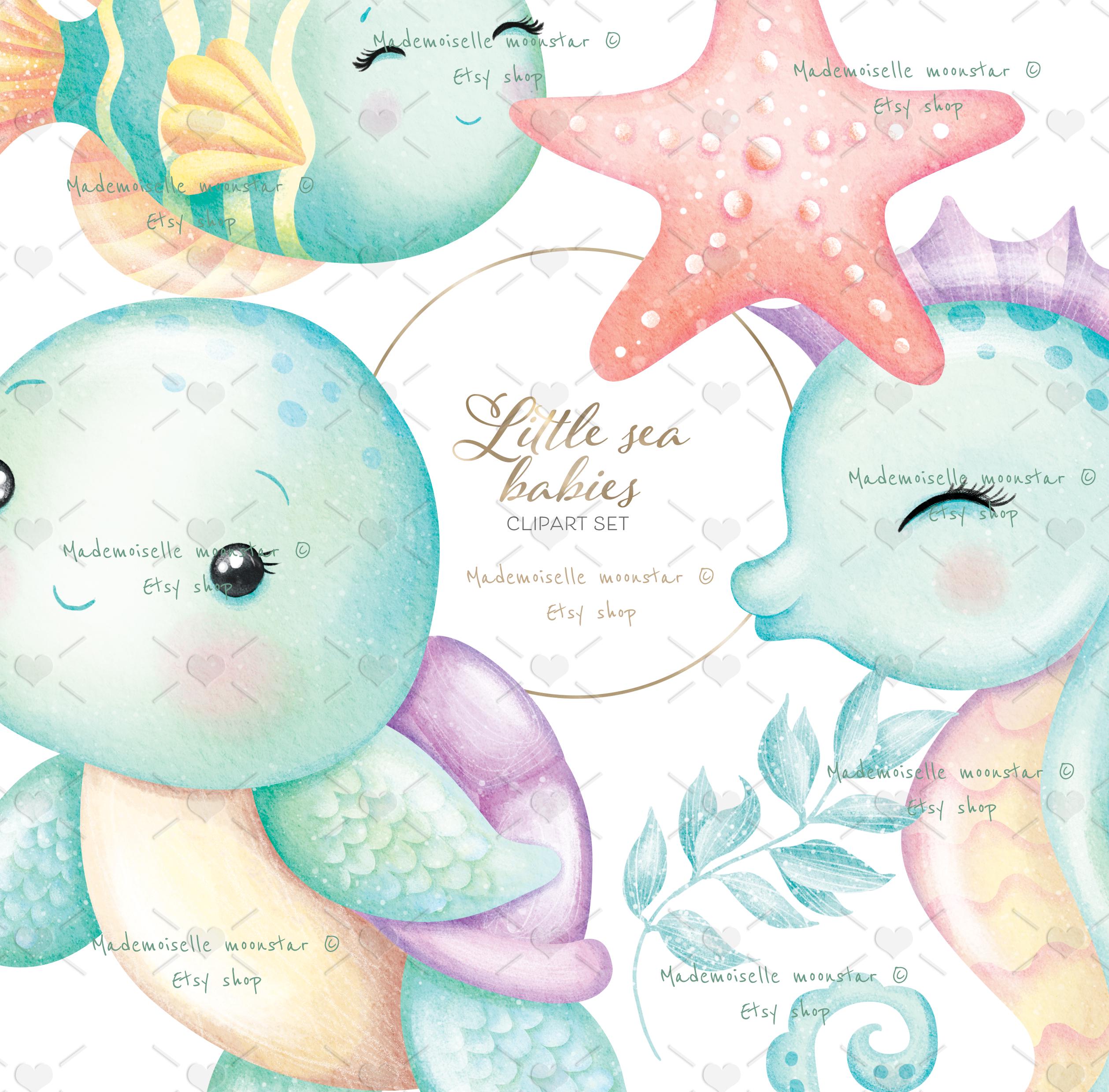 Cute Pastel Sea Animals Clipart Set. Rainbow Sea Babies. Turtle ...