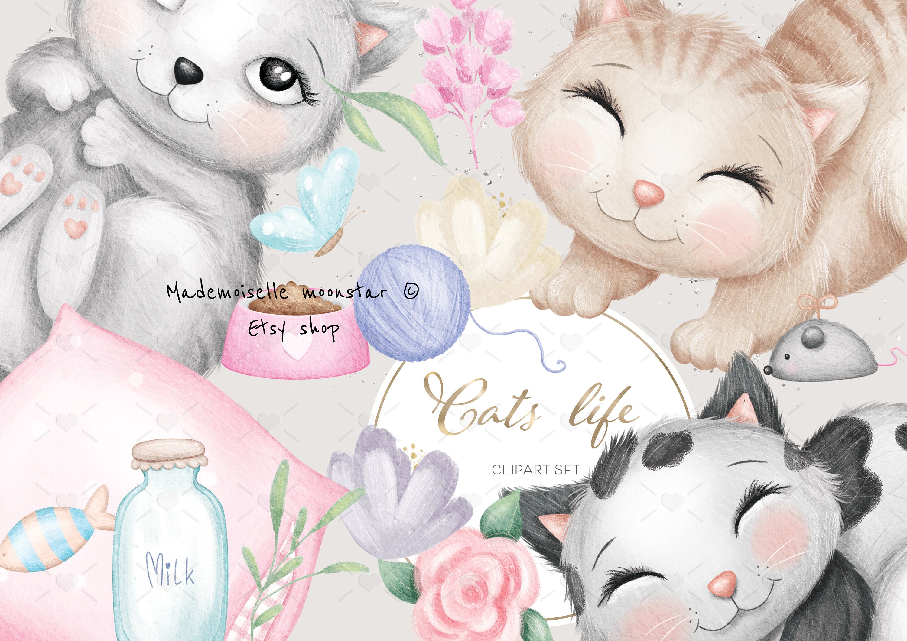 Cute Cats Clipart Set. Kittens, Kitty Digital Clipart. Watercolor Cute ...