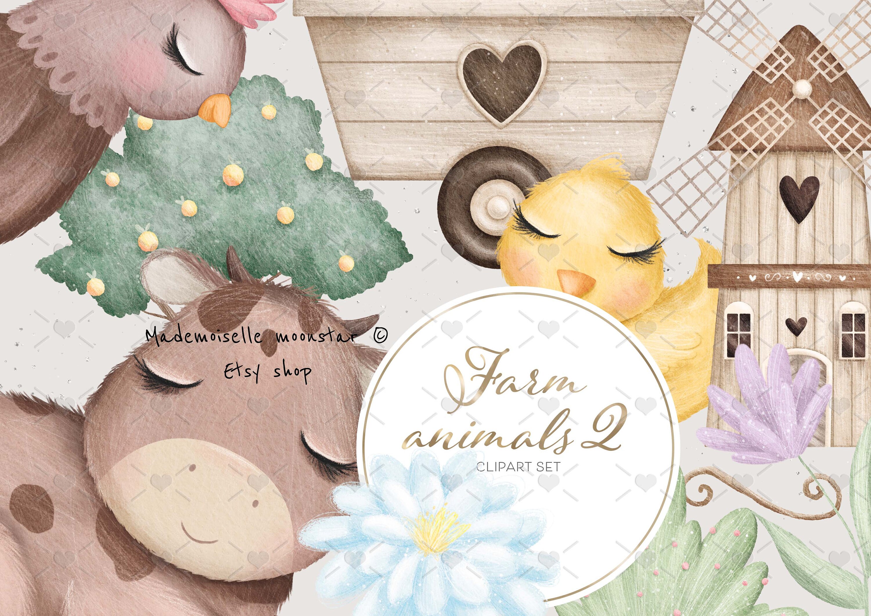 Cute Farm Animals Part 2 Clipart Set. Donkey, Cow, Goat, Cat, Pink and ...