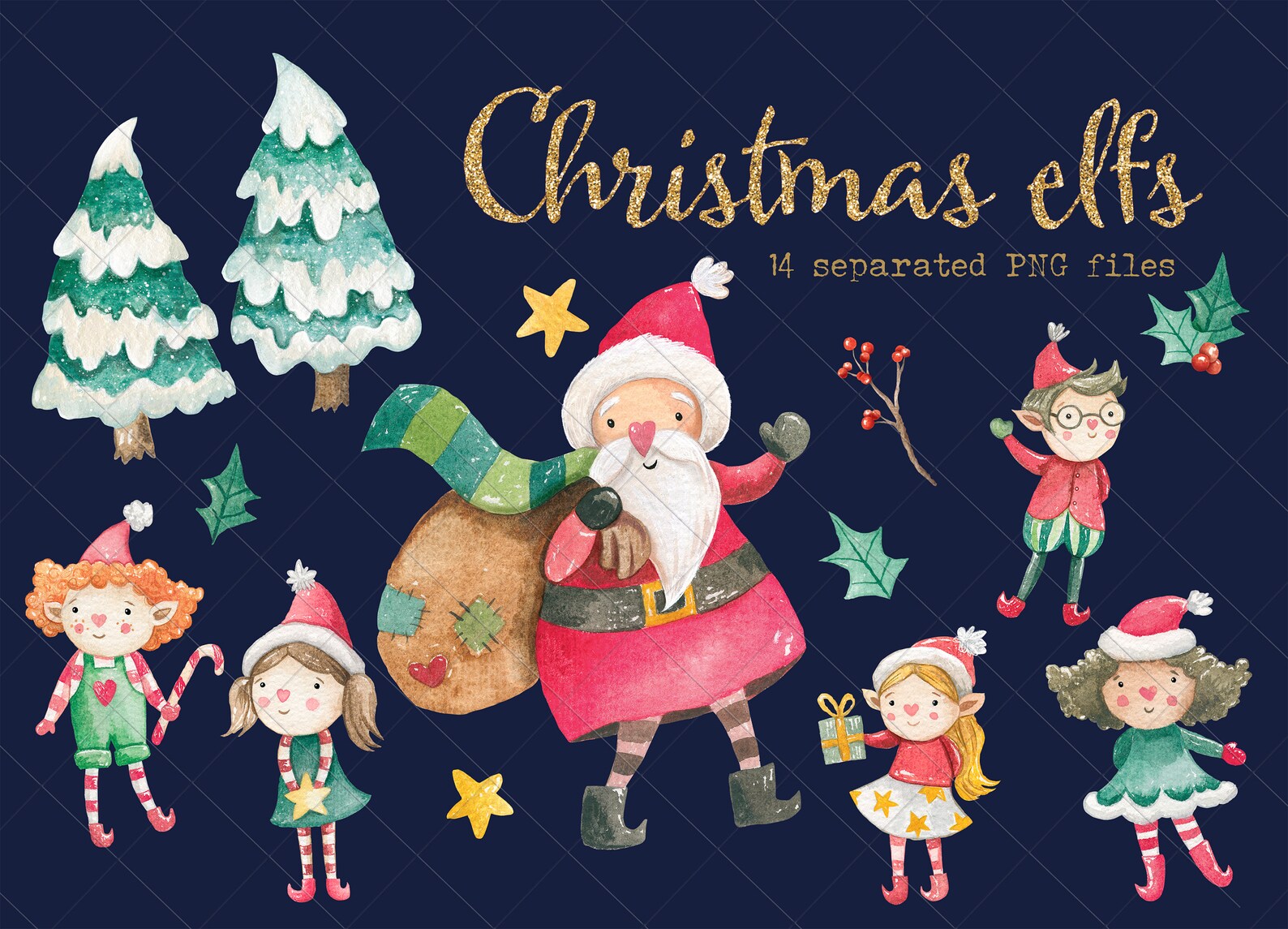 Christmas Watercolor Clipart Set Santa and Elf Xmas Clipart - Etsy