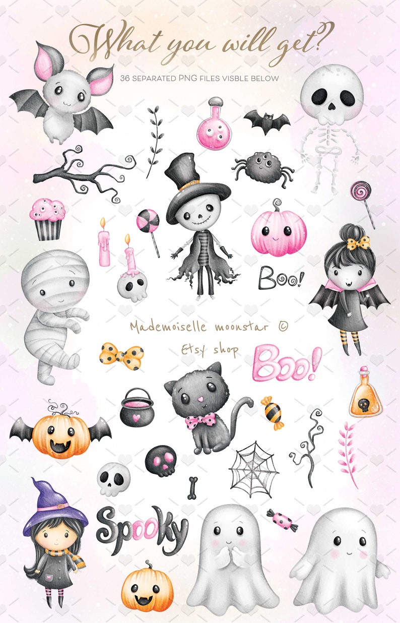 Cute, Pink Halloween Clipart. Ghost, Witch, Monster, Sceleton, Black ...