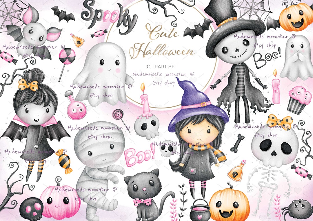 Cute, Pink Halloween Clipart. Ghost, Witch, Monster, Sceleton, Black ...