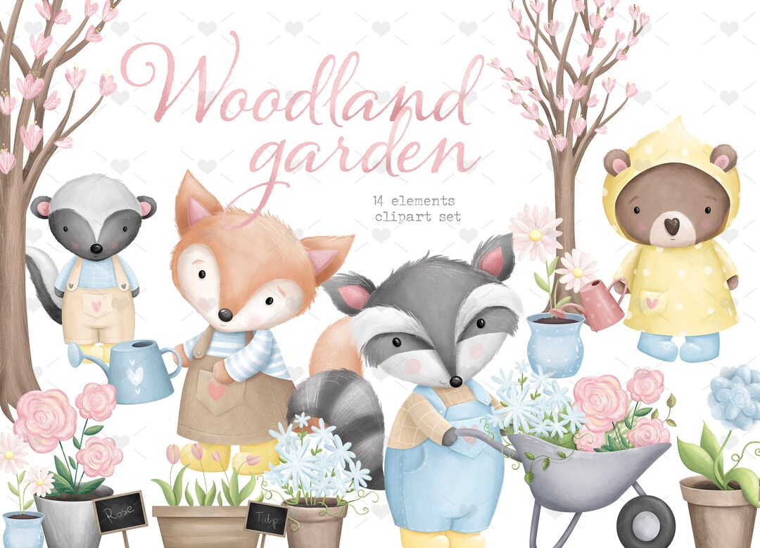 Woodland Spring Garden Clipart Set. Fox, Racoon, Bear, Skunk, Flowers ...