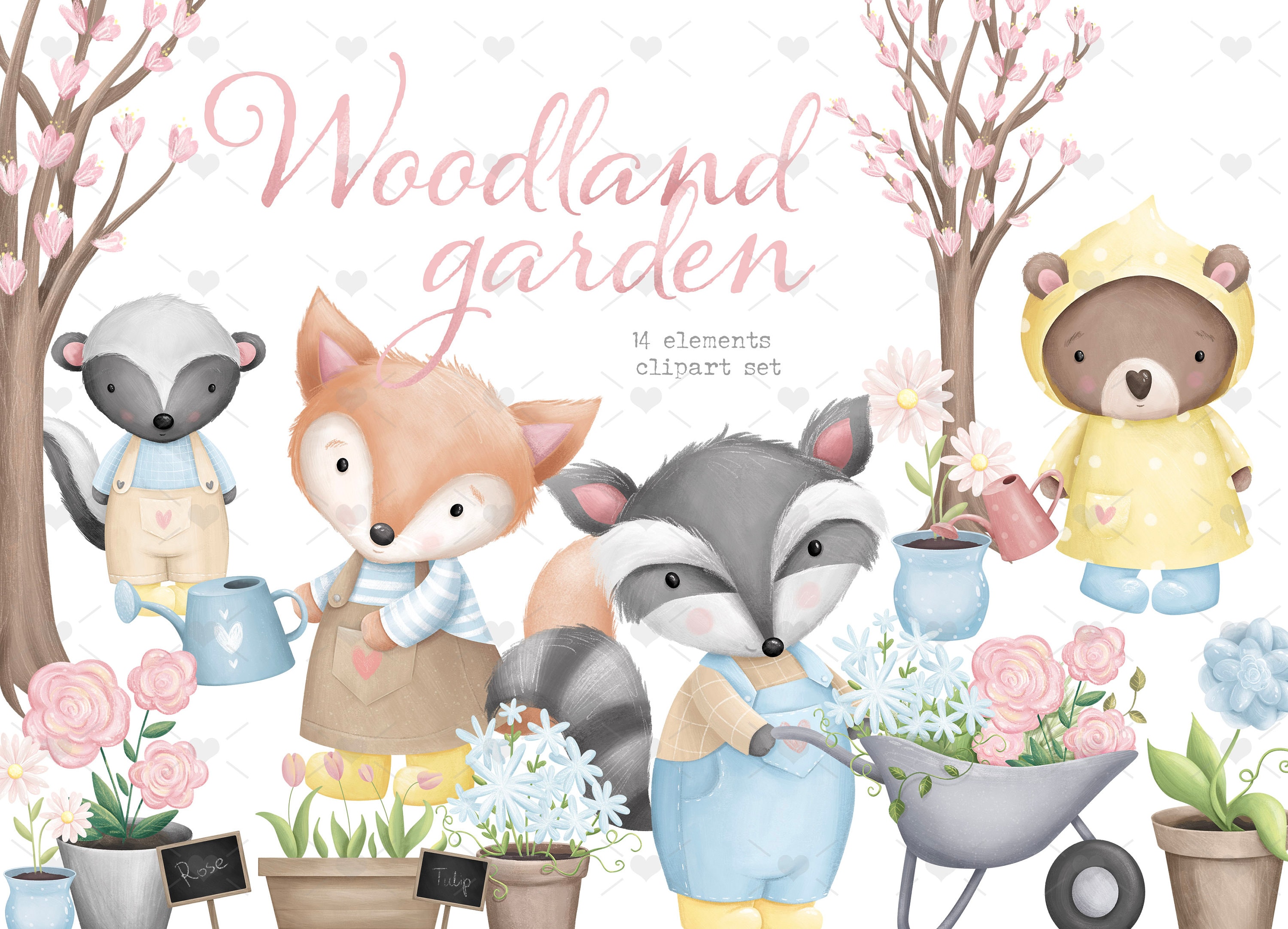 Woodland Spring Garden Clipart Set. Fox Racoon Bear Skunk - Etsy