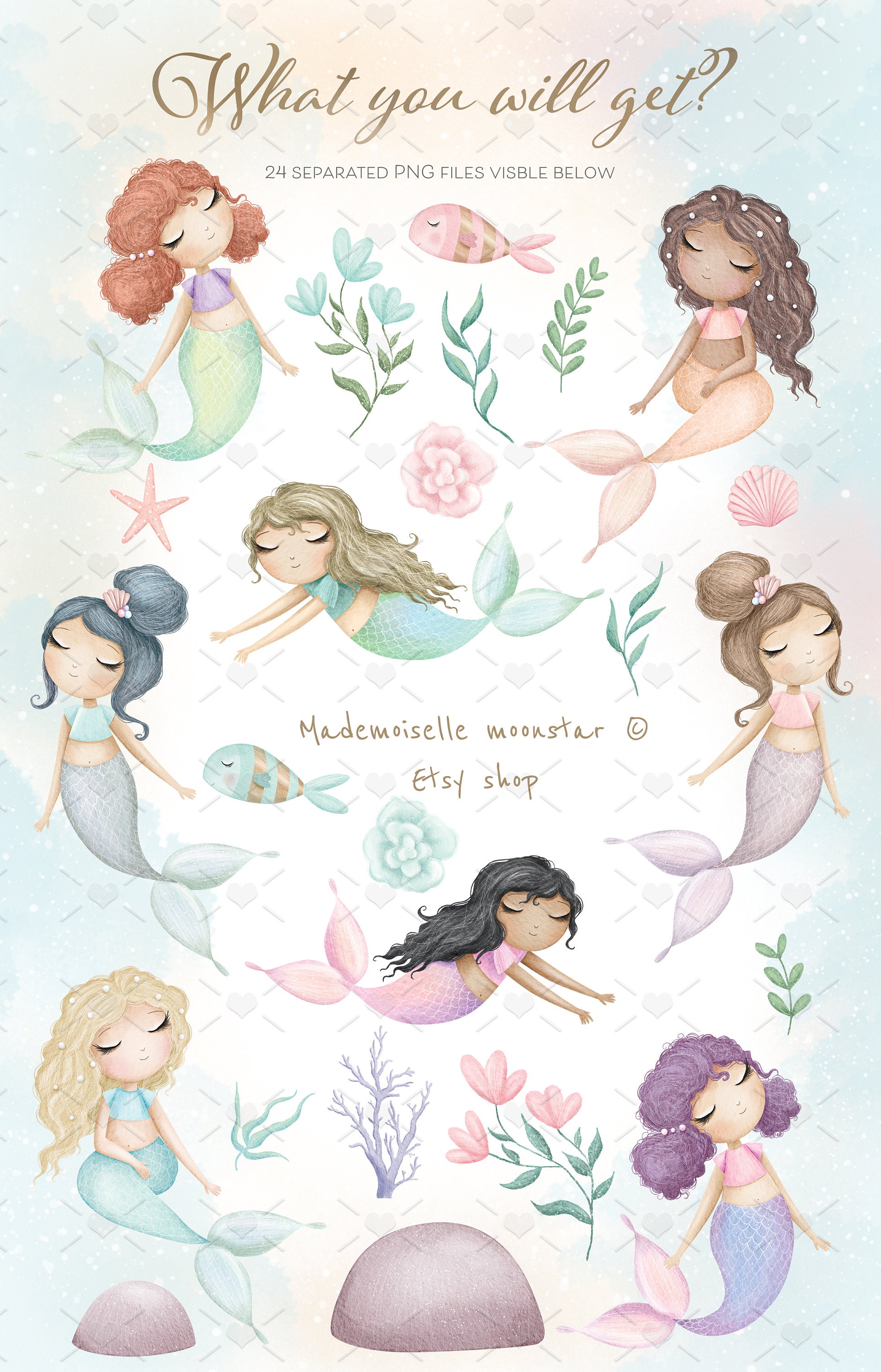 Cute Little Mermaids Clipart Set. Sea Girls Underwater - Etsy