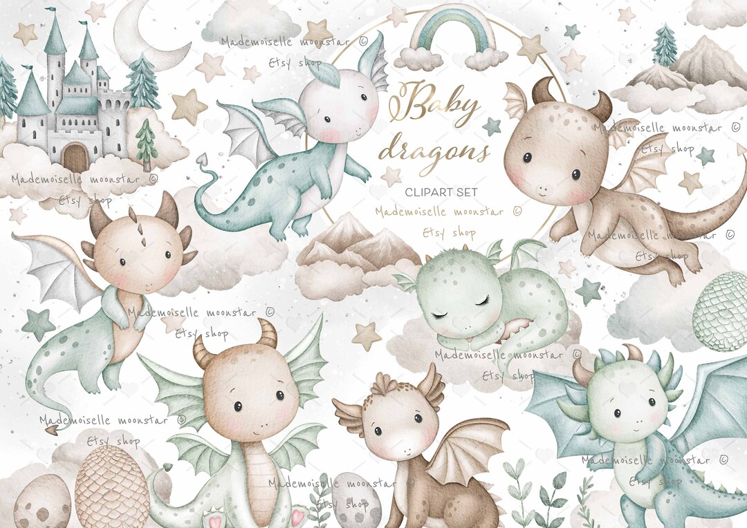 Baby Dragon Clipart Set. Watercolor Dragon, Cute Graphics. Boys Clipart ...