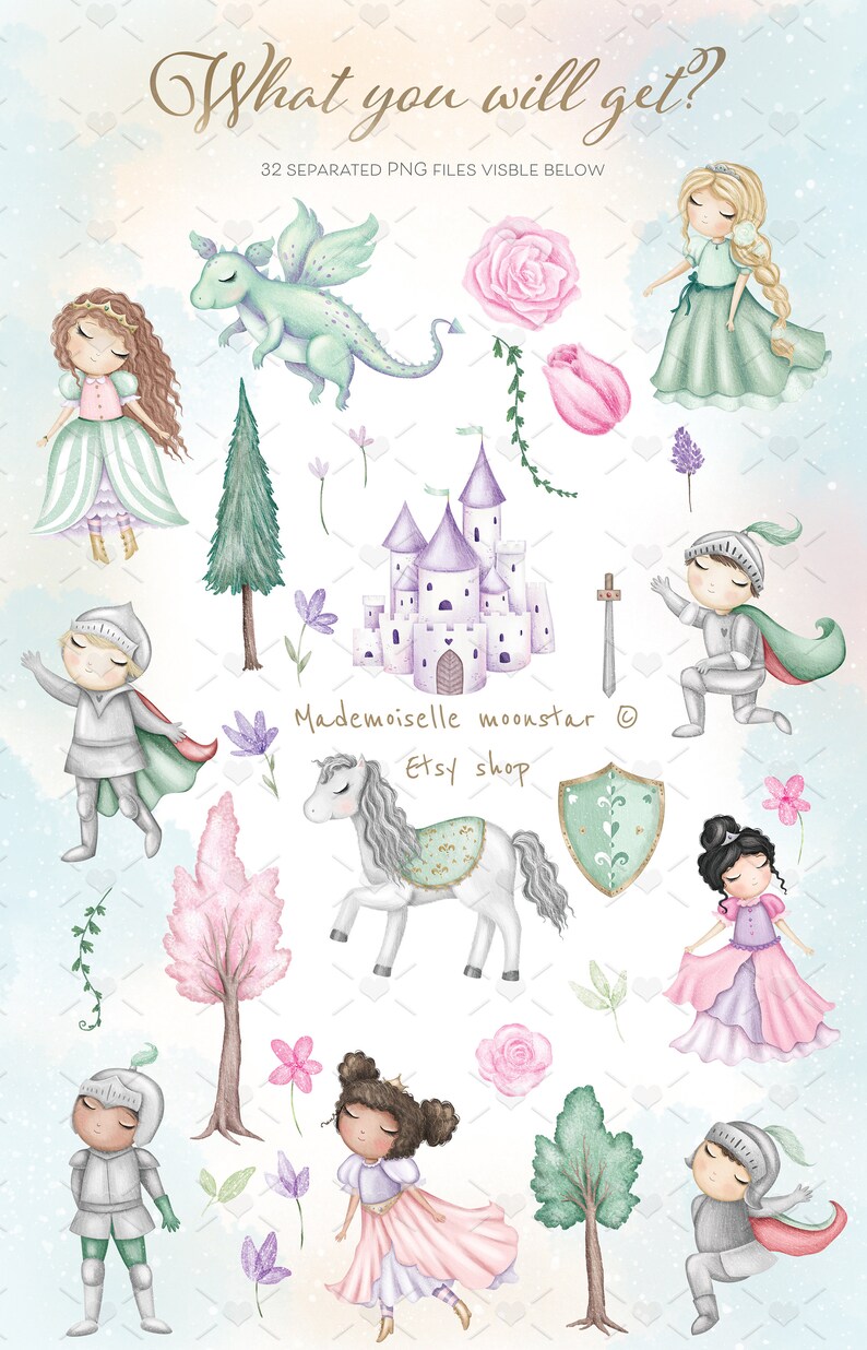 Princesses and Knights Clipart Set. Kingdom Dragon Watercolor - Etsy