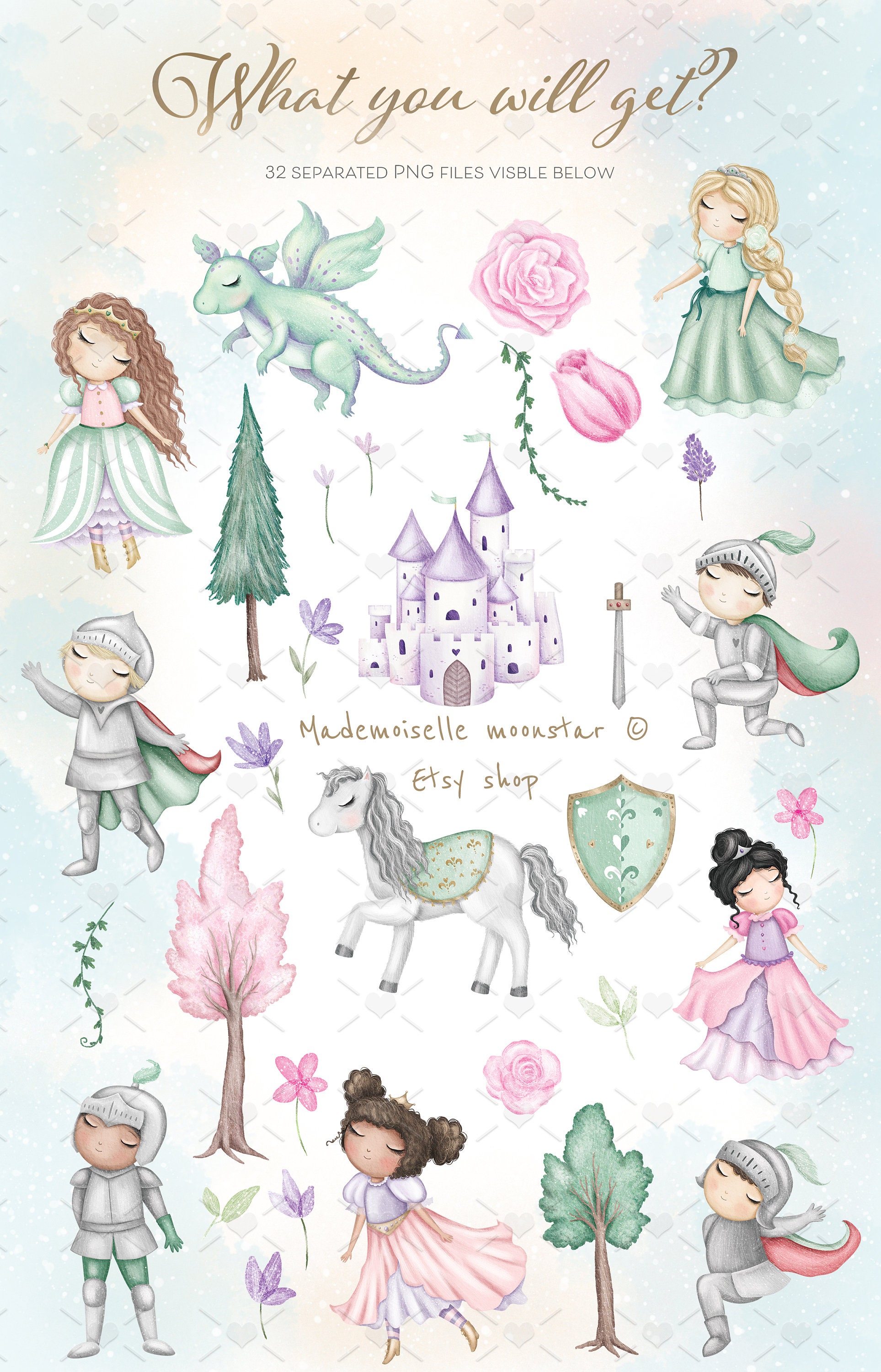 Princesses and Knights Clipart Set. Kingdom Dragon Watercolor - Etsy