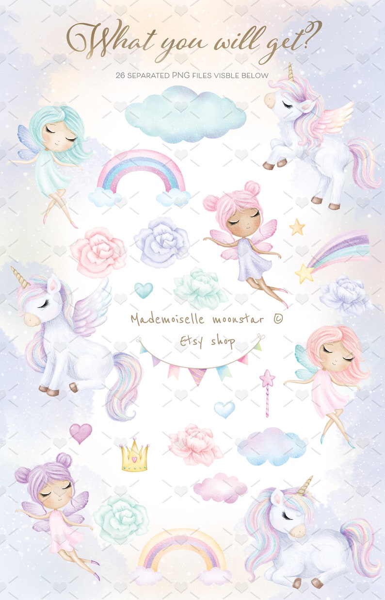 Unicorns and Fairies Clipart Set. Rainbow, Pony, Princess Fairy ...