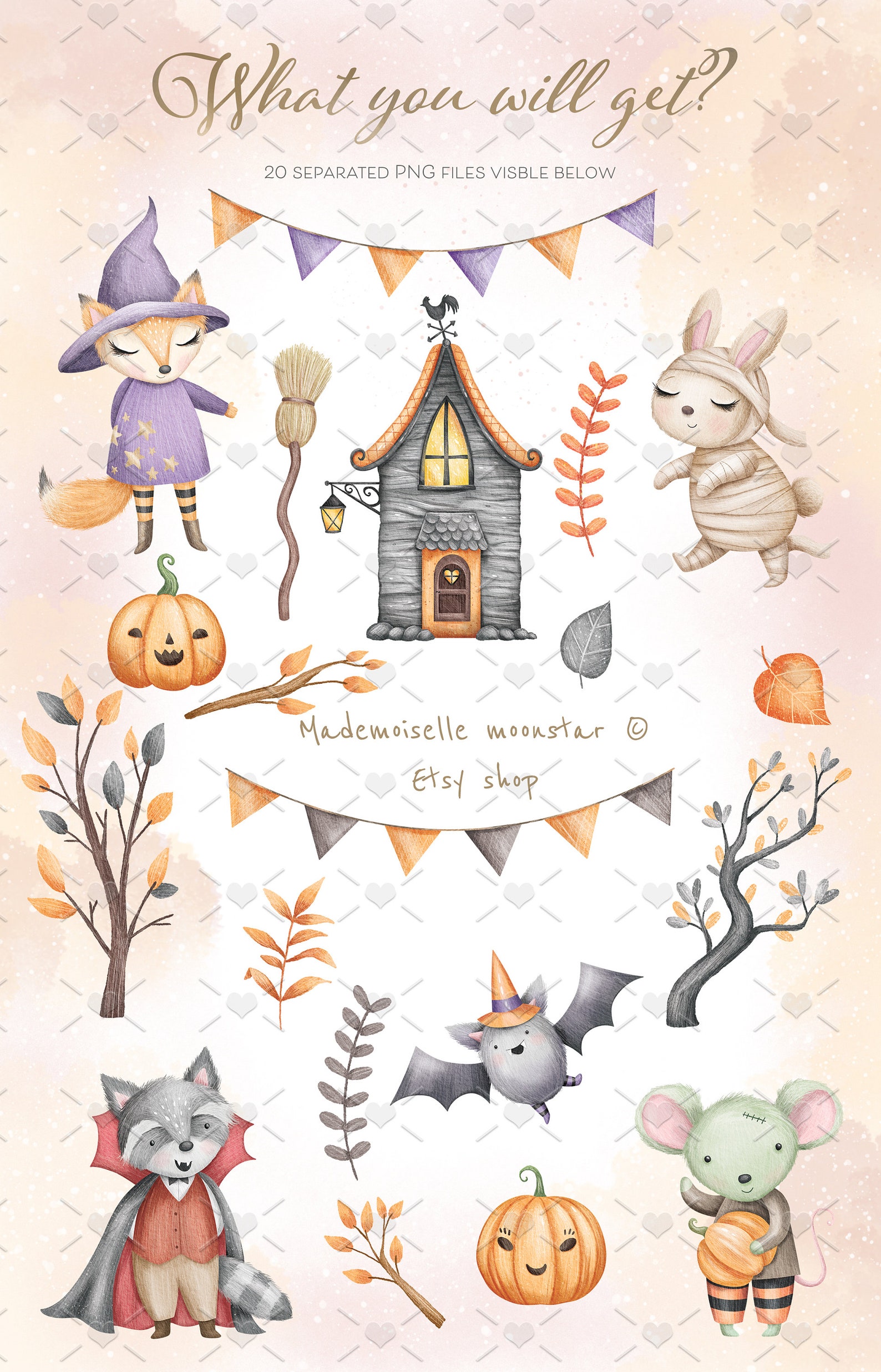Halloween Party Forest Animals Clipart Set. Fox Witch Bat - Etsy