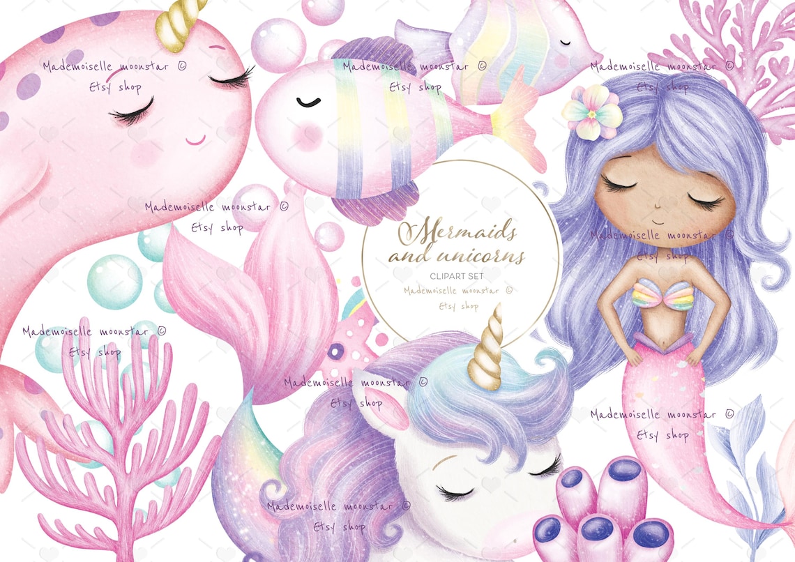Little Mermaids and Unicorns Clipart Set. Unicorn, Rainbow Mermaids ...