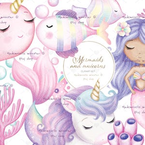 Little Mermaids and Unicorns Clipart Set. Unicorn, Rainbow Mermaids ...