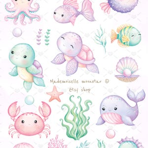 Cute Pastel Sea Animals Clipart Set. Rainbow Sea Babies. Turtle ...
