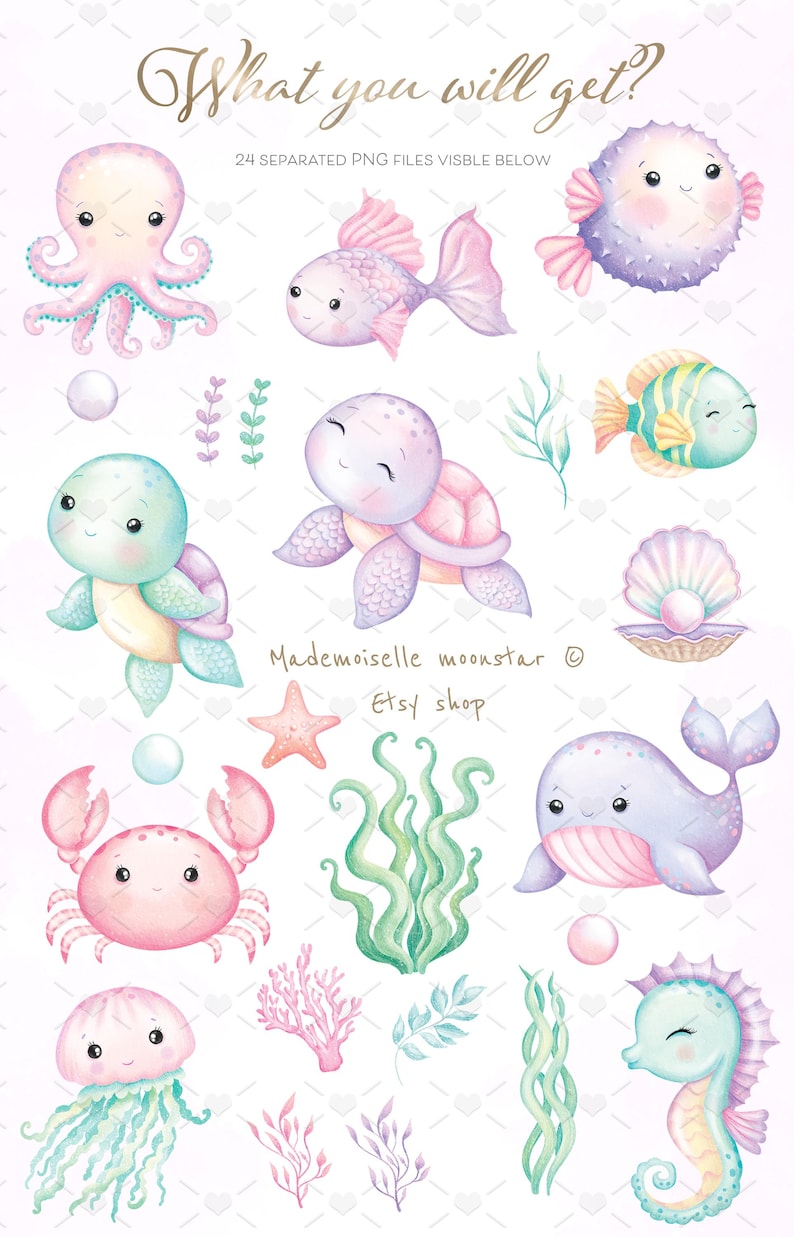 Cute Pastel Sea Animals Clipart Set. Rainbow Sea Babies. Turtle ...