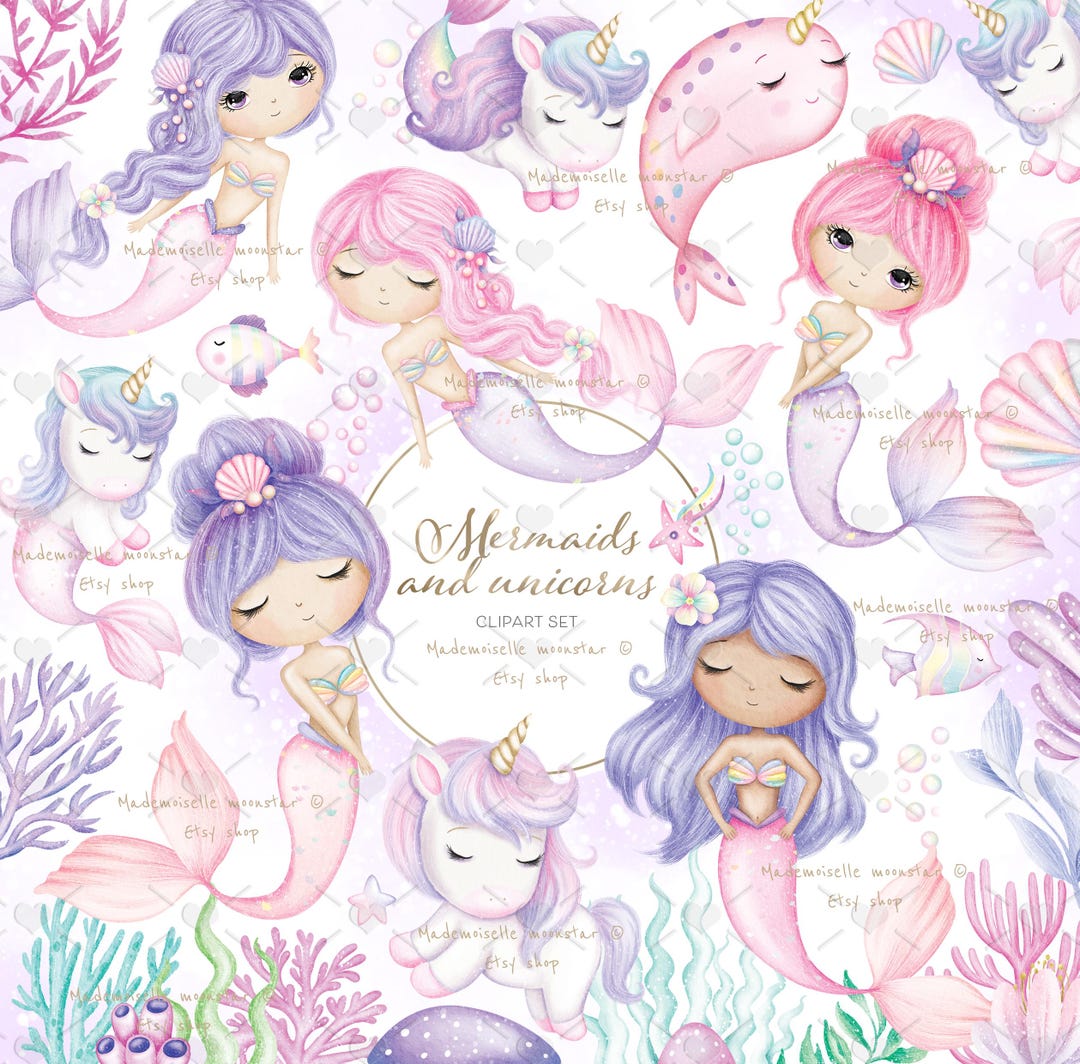 Little Mermaids and Unicorns Clipart Set. Unicorn, Rainbow Mermaids ...