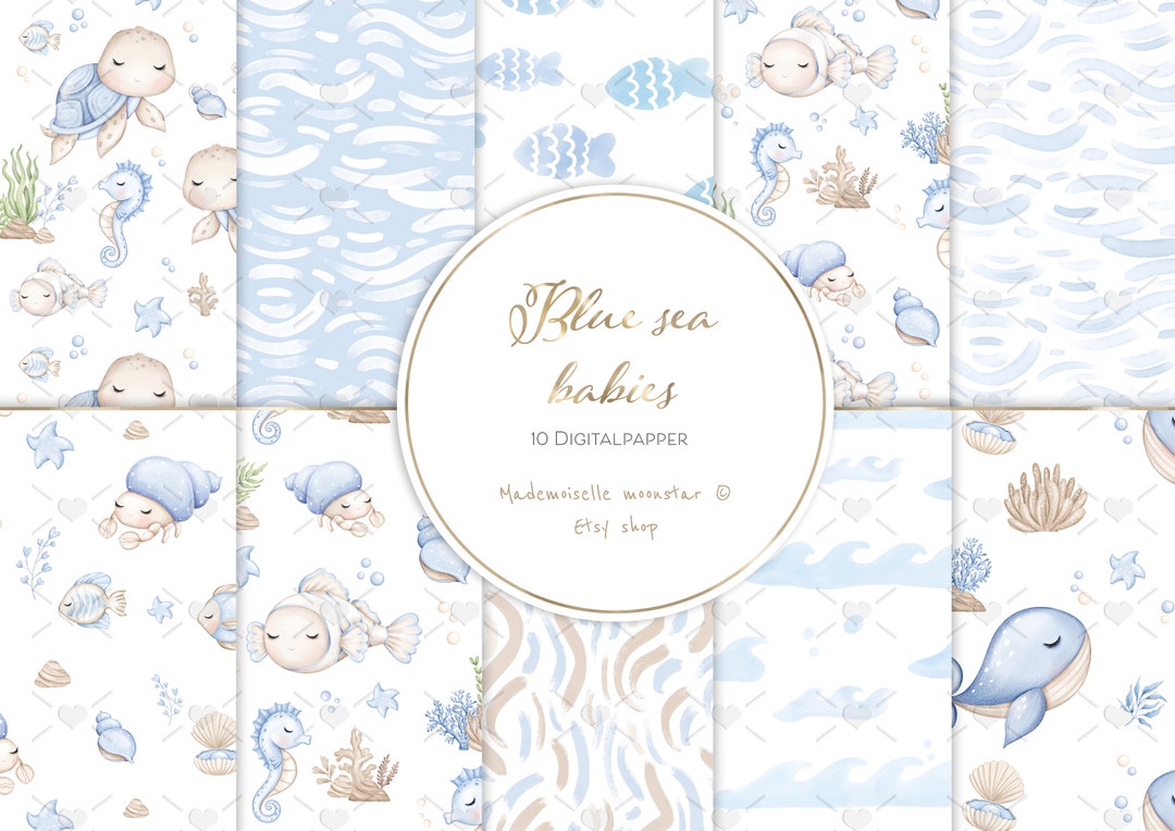 Digital Paper Blue Sea Animals. Nursery Boy Digital Paper Set. JPG ...