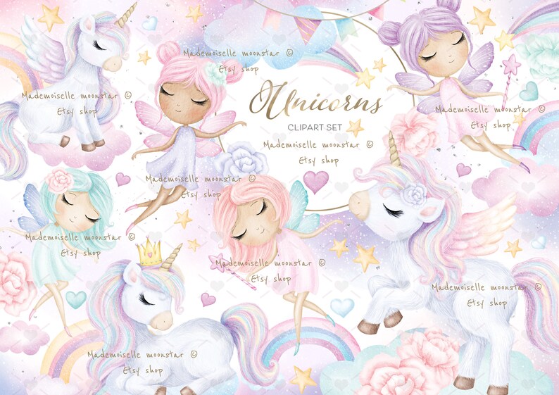 Unicorns and Fairies Clipart Set. Rainbow, Pony, Princess Fairy ...