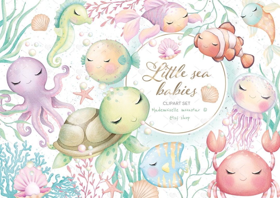 Little Sea Animals Clipart. Cute Sea Creatures Digital PNG Files ...