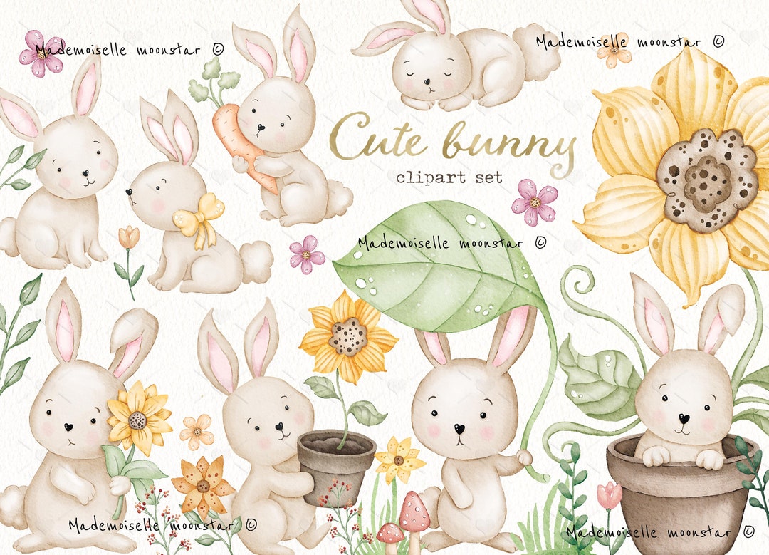 Cute Bunny Clipart Set. Easter Bunny, Spring Watercolor Clipart. PNG ...