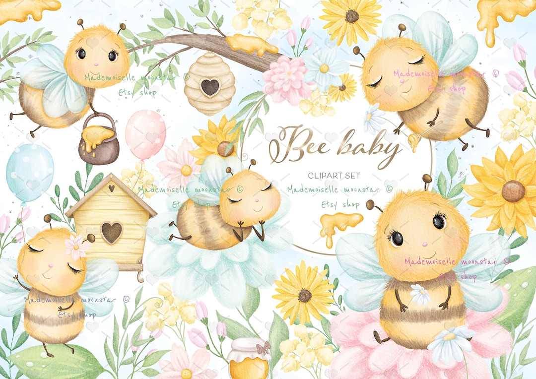 Bee and Honey Clipart Set. Cute Baby Bee, Honey, Flowers 300 Dpi PNG ...