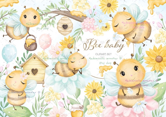Bee and Honey Clipart Set. Cute Baby Bee Honey Flowers 300 - Etsy