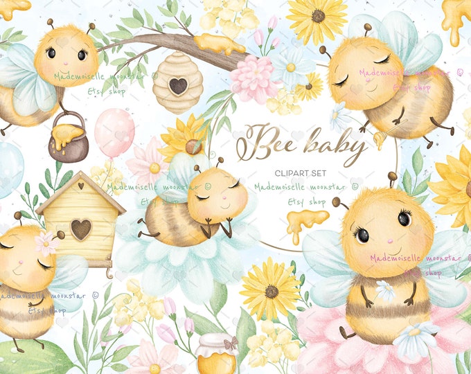 Bee and Honey Clipart Set. Cute Baby Bee Honey Flowers 300 - Etsy