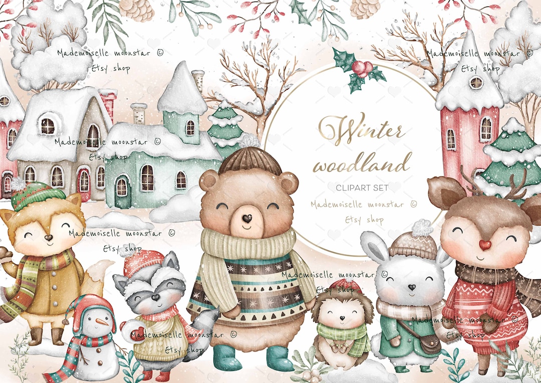 Winter Woodland Clipart Set. Cute Forest Animals. Cozy Christmas ...
